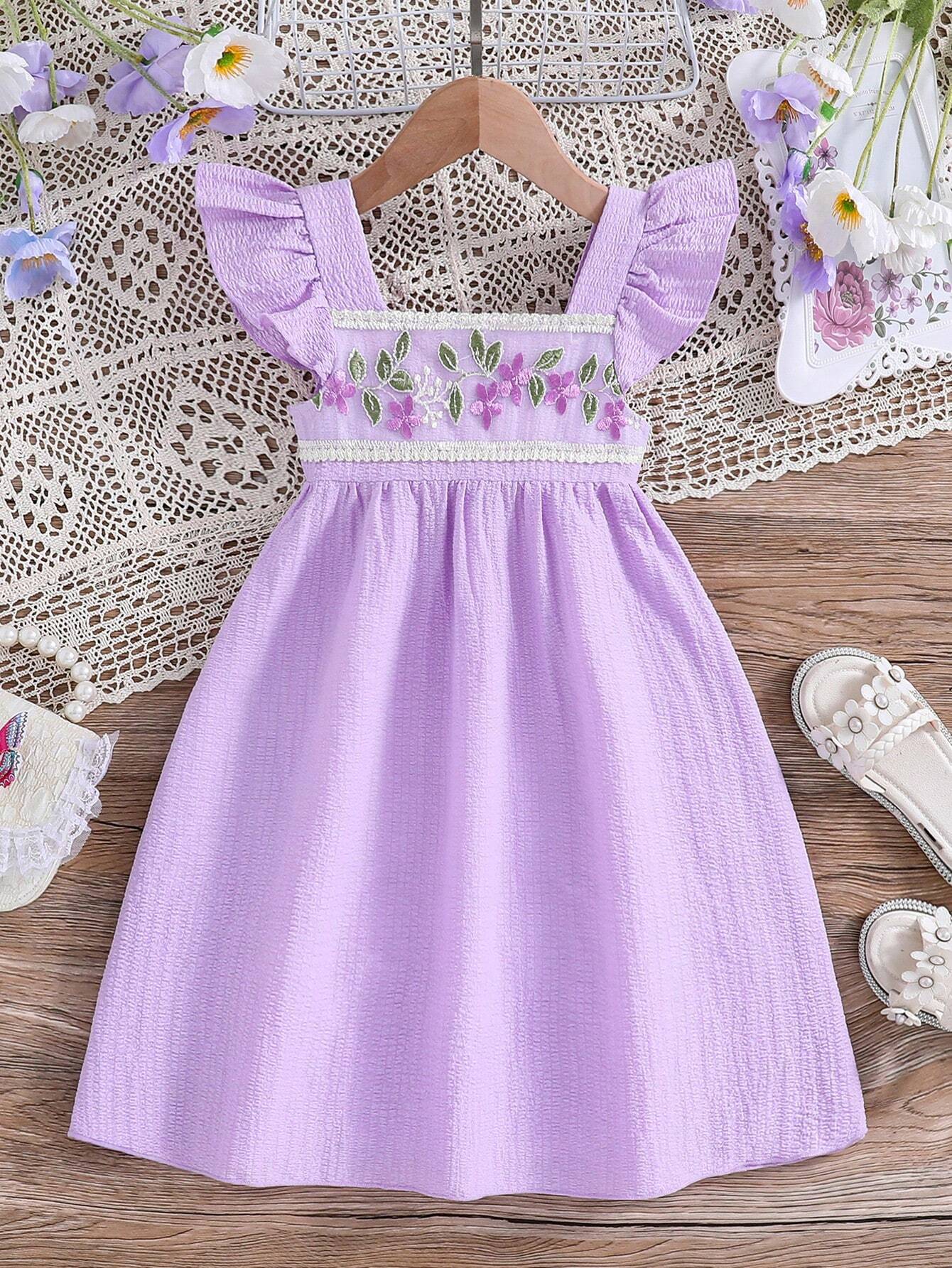 Souflis Vestido de manga corta estilo cap con flores bordadas en el ...
