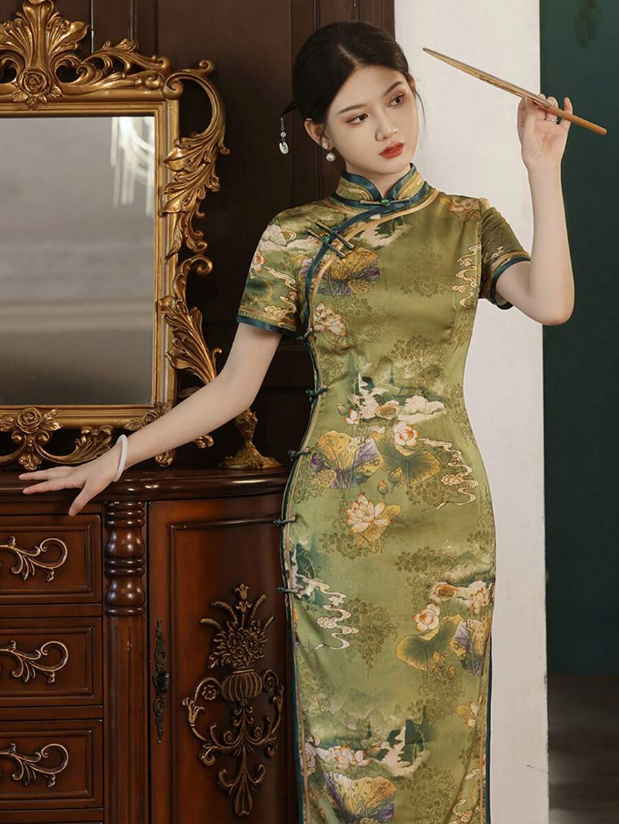 Vintage Floral Print Cheongsam Dress With Side Slits And Buckle ...