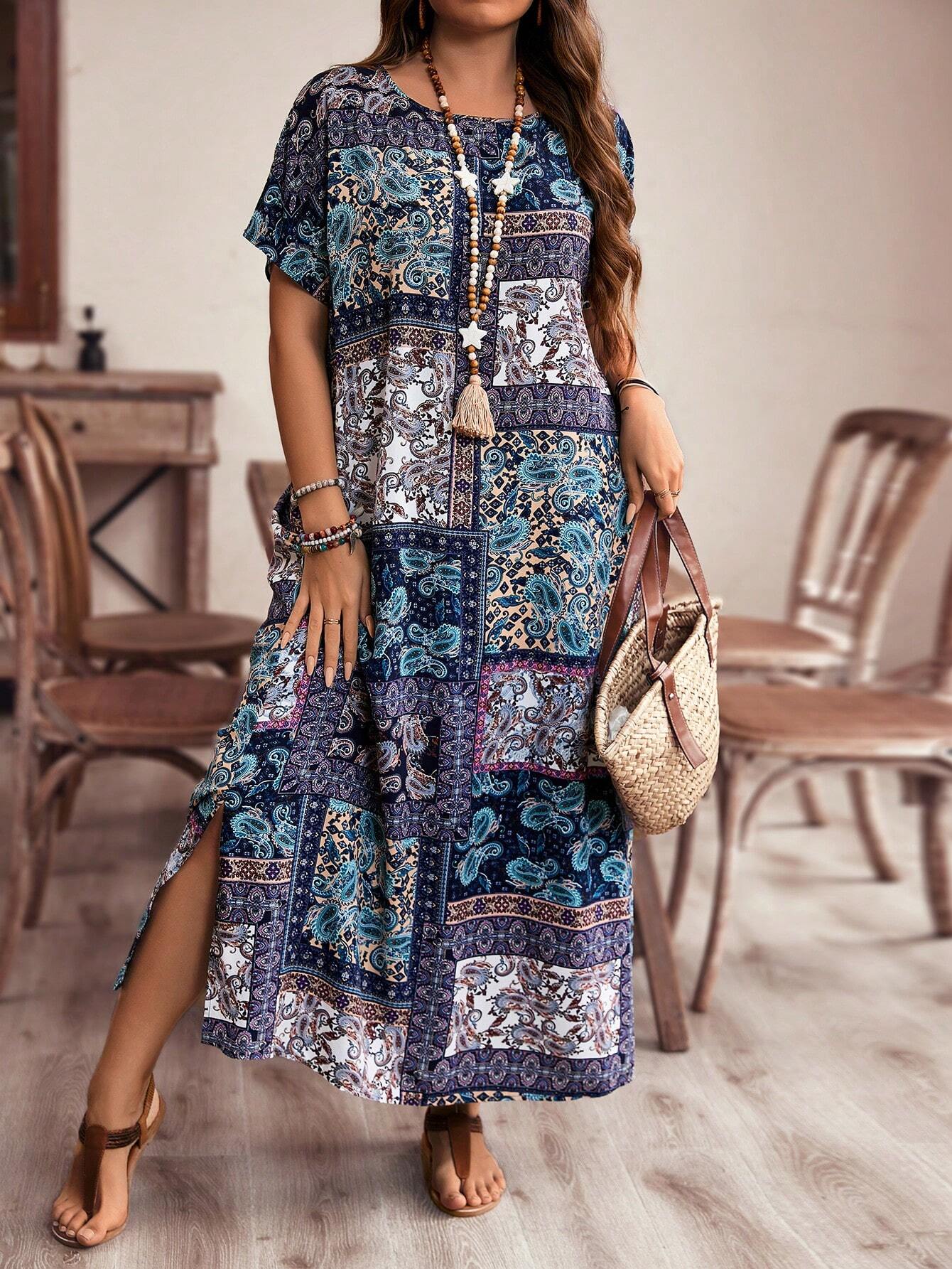 EMERY ROSE Plus Size Women's Vacation Style Patchwork Floral Print Side Slit Loose Long Beach ...