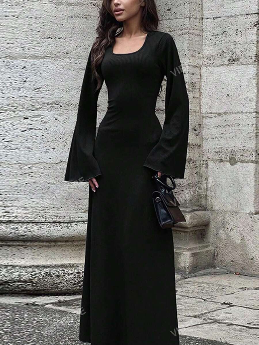 Women Casual Round Neck Bodycon Long Flare Sleeves Back Tie Elegant ...