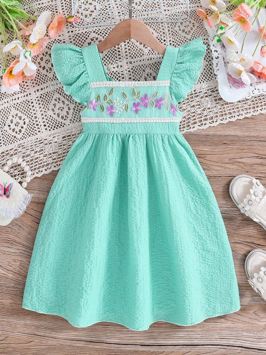 SHEIN Young Girl Square Neck Flower Embroidery Ruffle Armhole Dress ...
