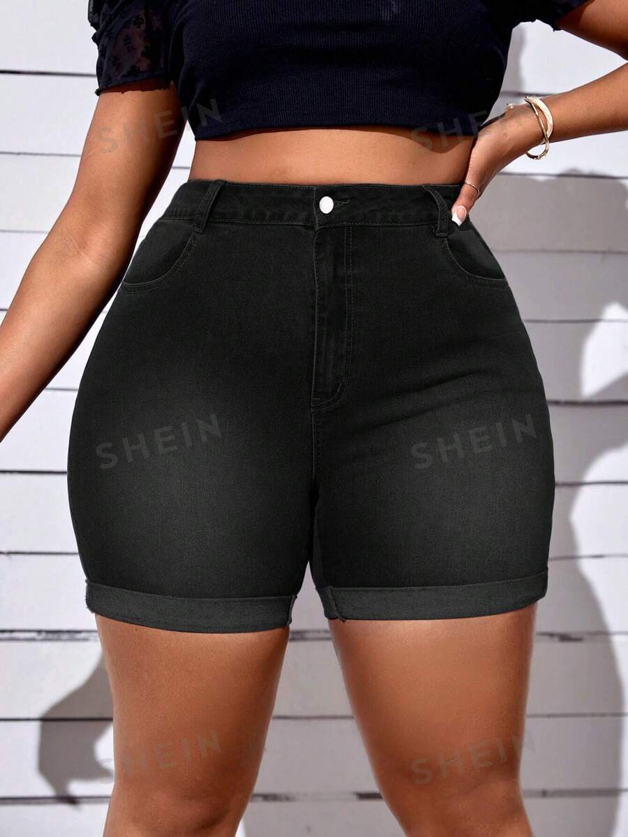 SHEIN SXY Plus Size Slim-Fit Rolled Hem Denim Shorts With Slanted ...