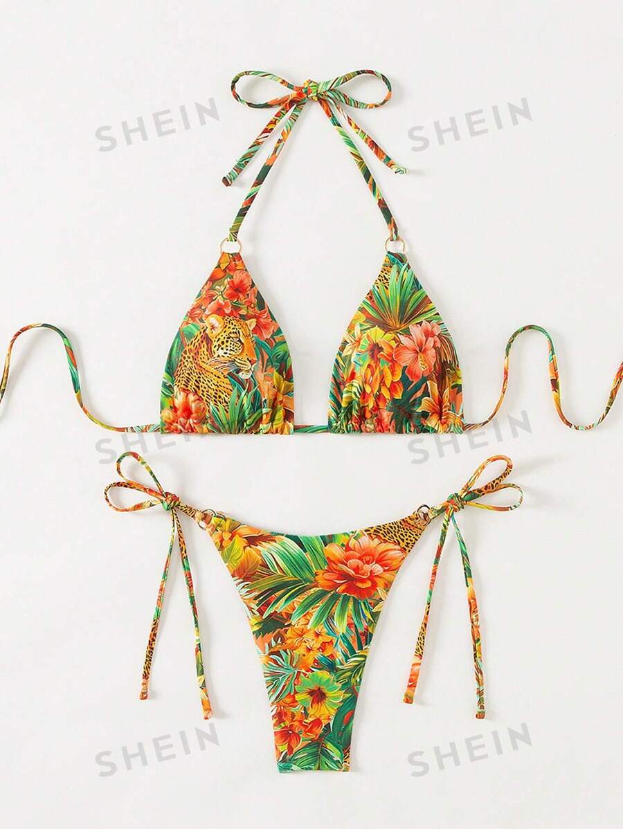 Shein Swim مجموعة بكيني منفصلة بطباعة استوائية على شكل جزئي وربطة عنق شي إن
