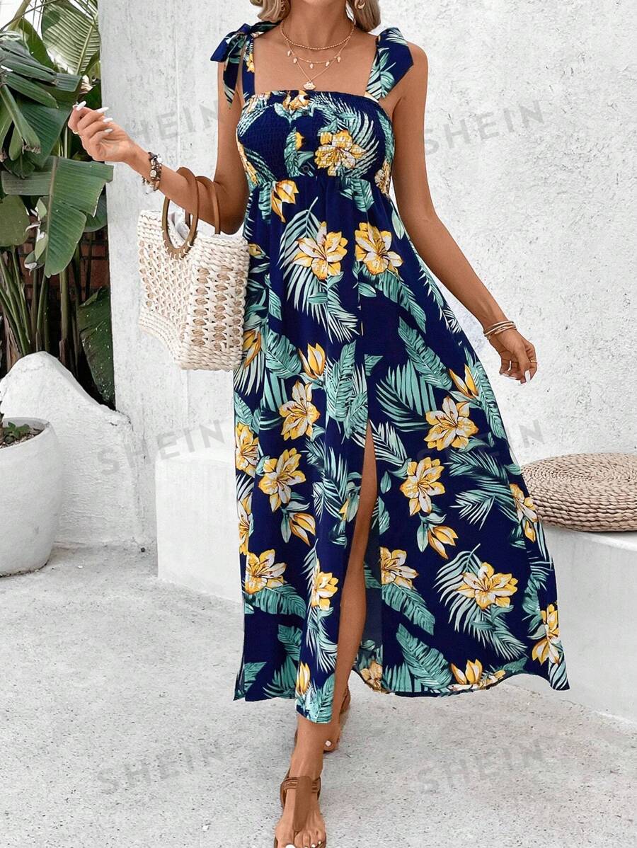 SHEIN Frenchy Robe longue de plage fendue pour femme avec nœud à la taille | Mode en ligne ...