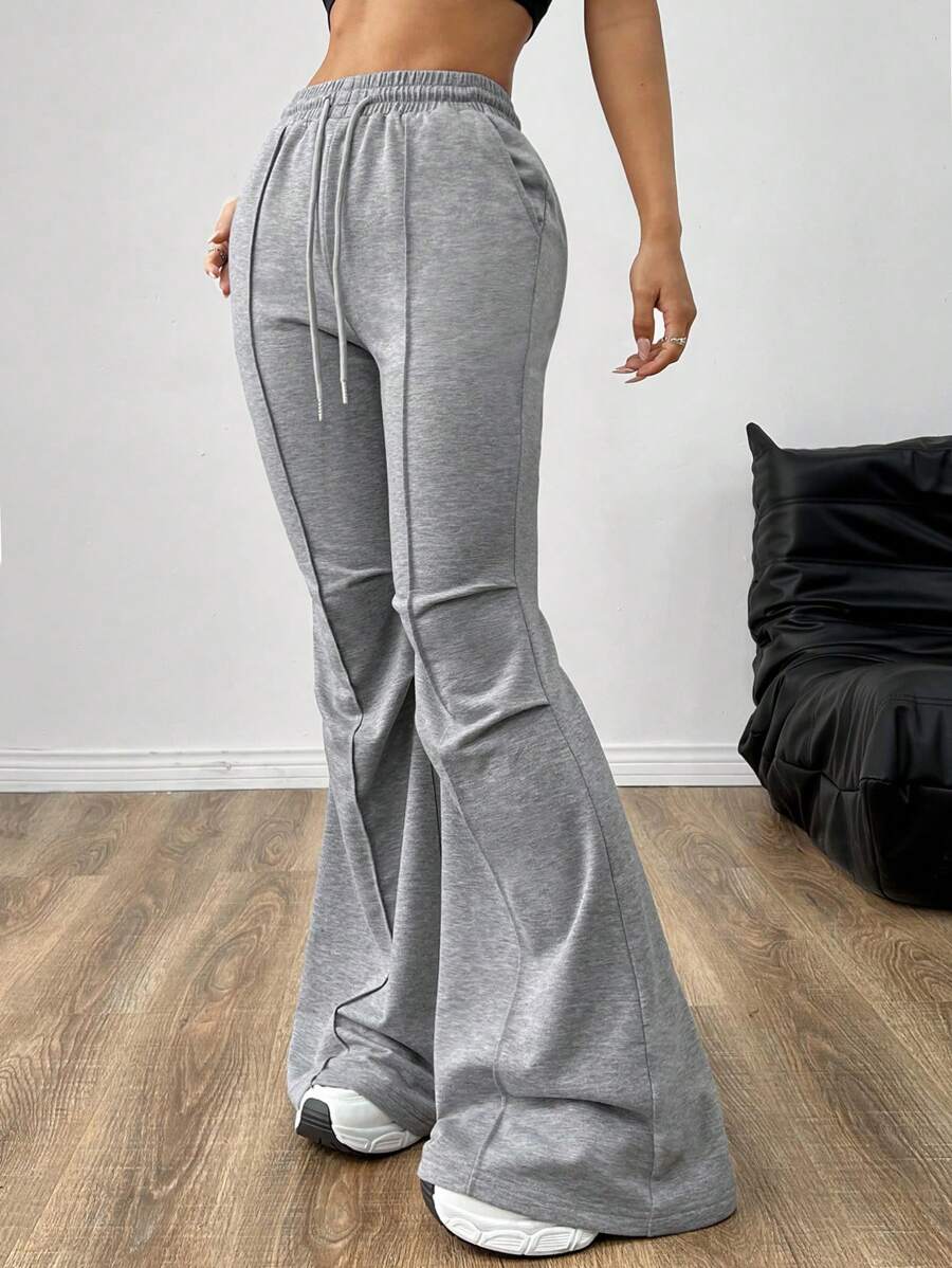 SHEIN EZwear Women's Drawstring Elastic Waist Flare Pants With Pleated ...
