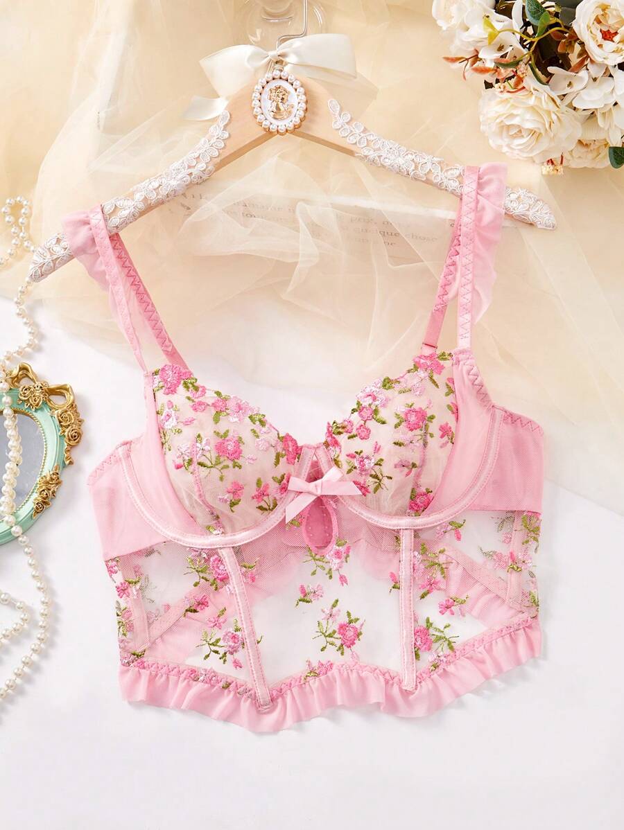 Women's Floral Embroidered Sheer Mesh Bra, Lingerie | SHEIN USA