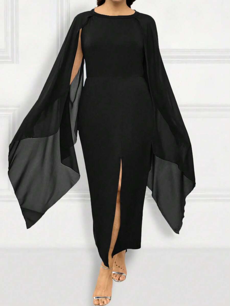 SHEIN Clasi Plus Size Mesh Splice Cape Sleeve High Slit Dress Maxi Women Outfit | SHEIN USA
