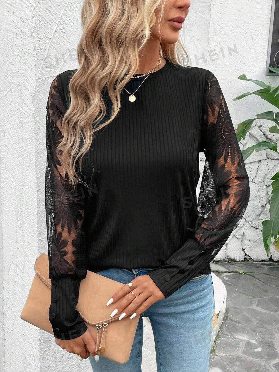 SHEIN LUNE Haut à manches en dentelle contrastante pour femmes, mode ...