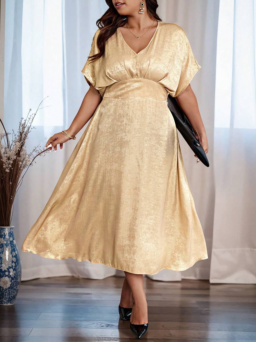 SHEIN Privé Plus Size Glossy Batwing Sleeve Pleated Dress For Summer ...