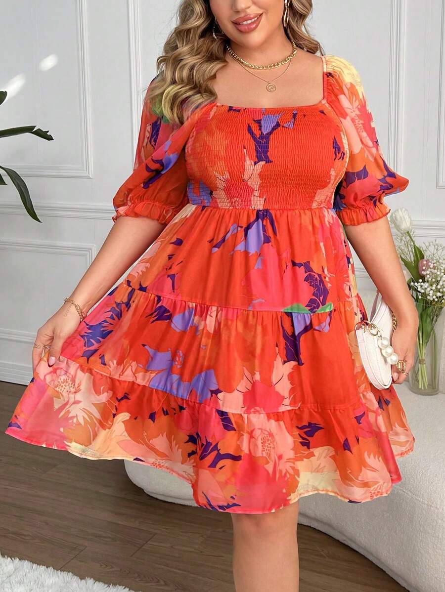 SHEIN Holidaya Plus Size Printed Square Neckline Dress With Ruffled Hem ...