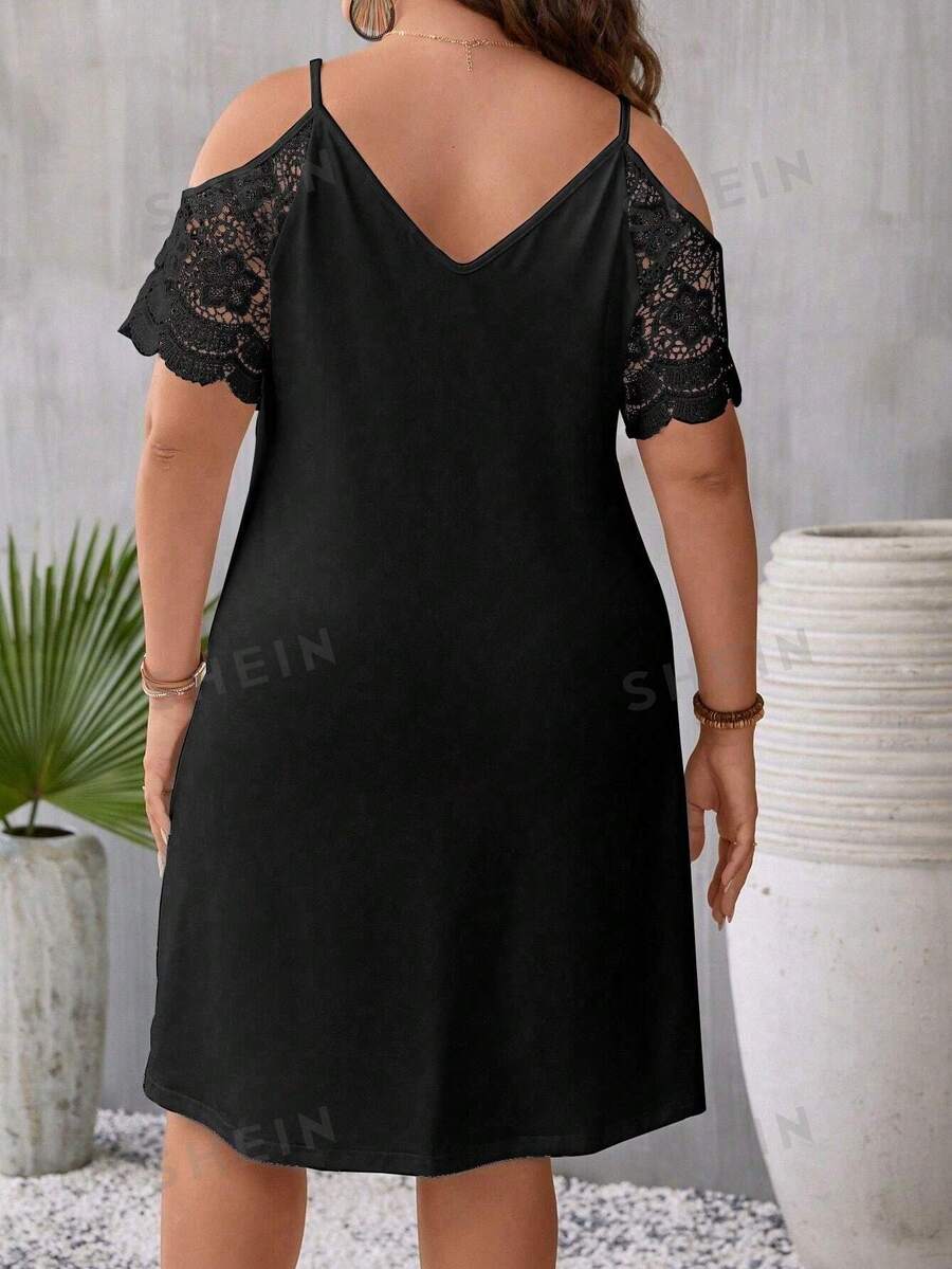 SHEIN Clasi Vestido de alça Plus Size com Ombro de Fora e Renda para o ...