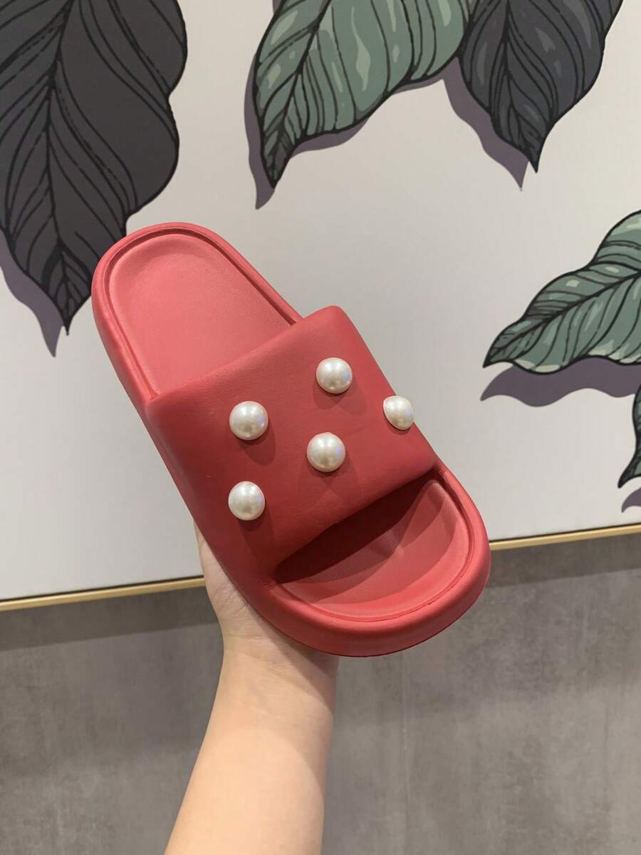 Red Faux Pearl Covered High Heel Wedge Slipper Sandals For Teenage ...