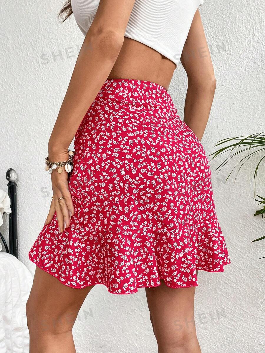 SHEIN LUNE Floral Print Pleated Skirt With Ruffle Hem | SHEIN USA