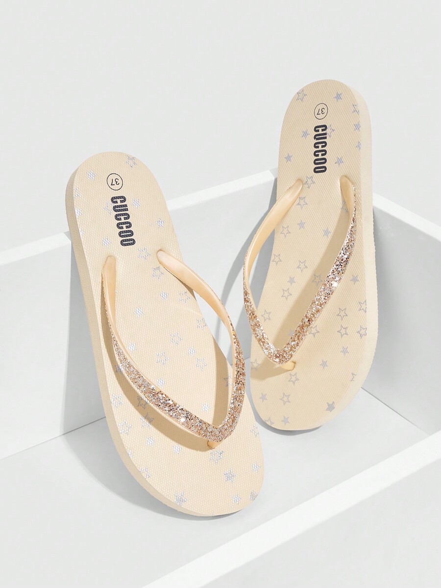 Flat Indoor/Outdoor/Beach Flip Flops With Star Print For Summer ...