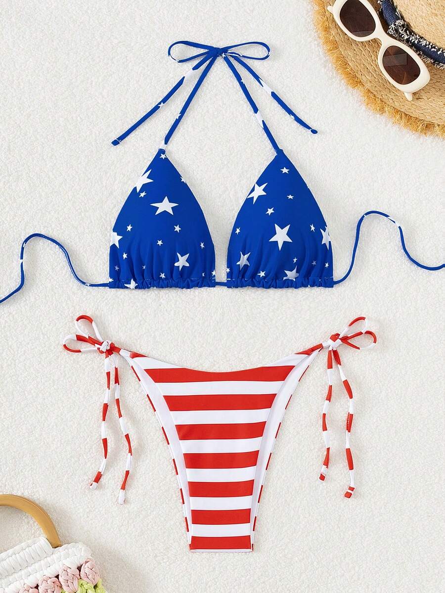 SHEIN Swim Women's Star Striped Printed Colorblock Halter Bra & Bikini ...