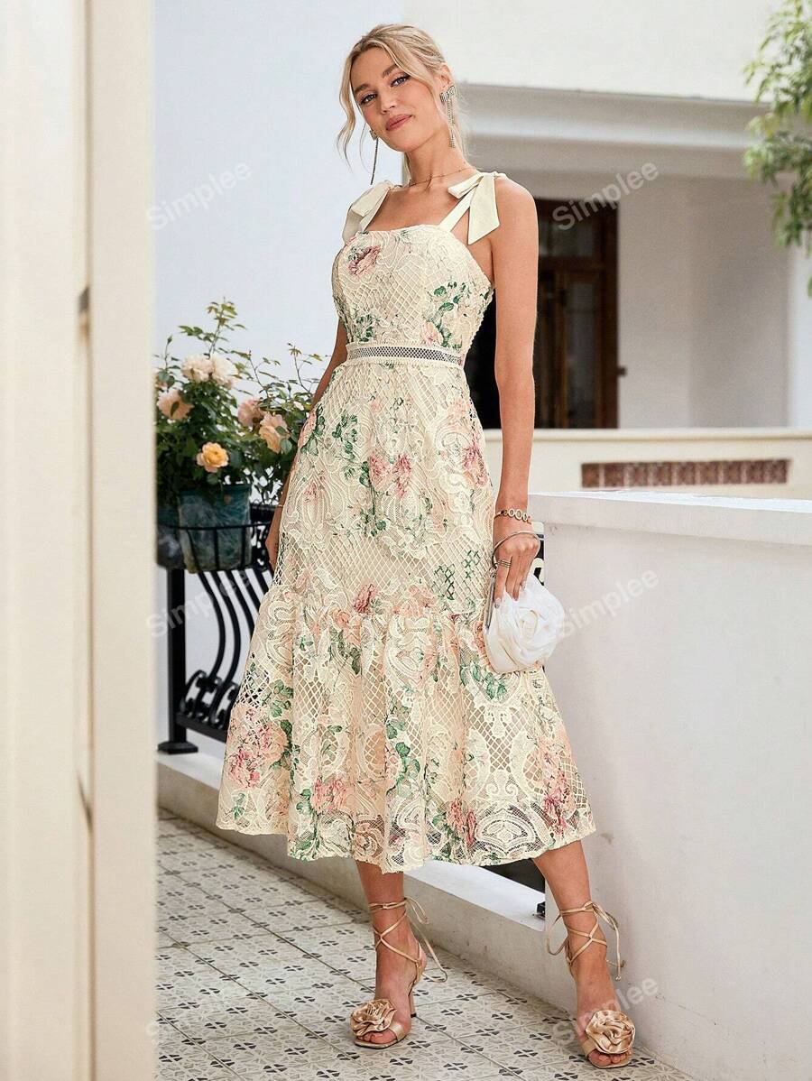 Simplee Women's Lace Print Spaghetti Strap Elegant Summer Dress, Party ...