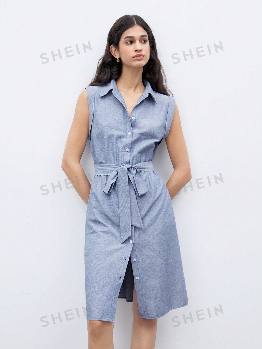 SHEIN Unity Ladies' Summer Solid Color Sleeveless Shirt Dress With ...