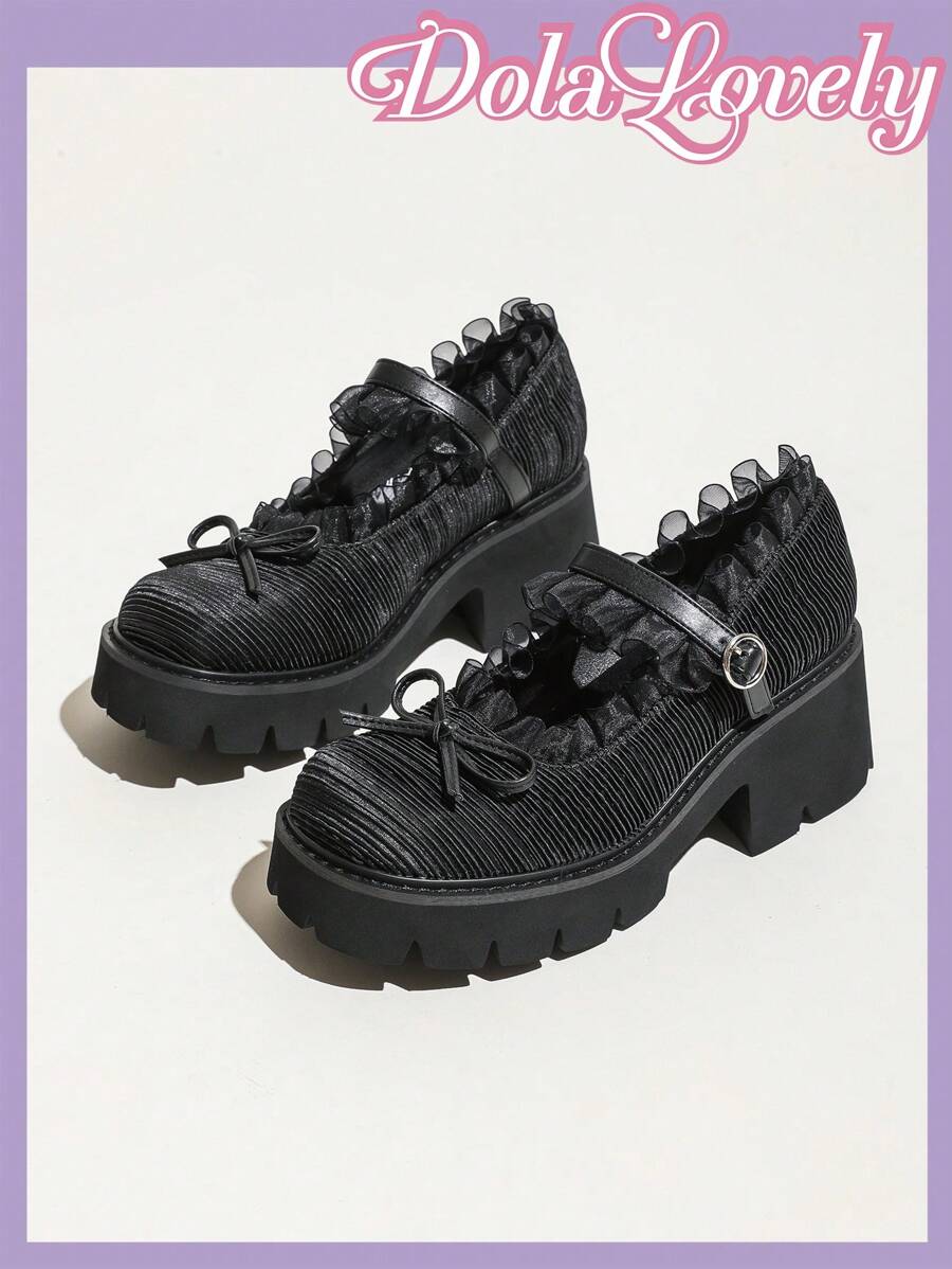 Dola Lovely Women's Thick-Soled Mary Jane Shoes With Lace-Up & Buckle Detail, Round Toe, Chunky ...