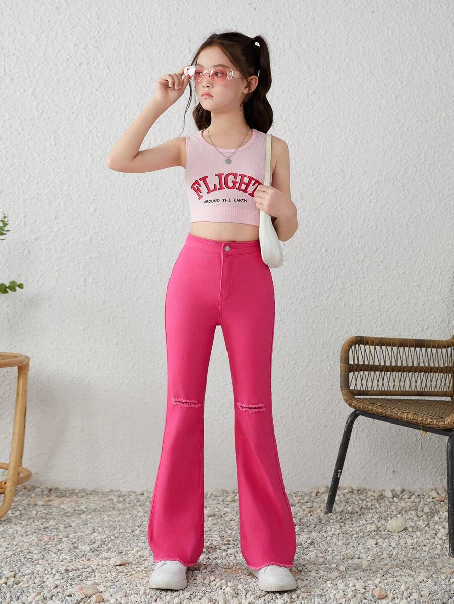 SHEIN Tween Girl Y2k Spring Summer Trendy High Waist Pink Ripped Flare ...