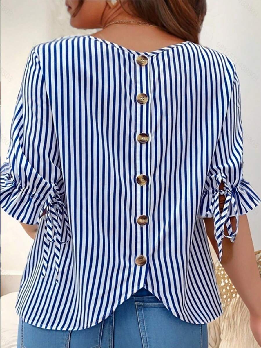 SHEIN Essnce Plus Size Striped Shirt With Back Button Details, Summer ...