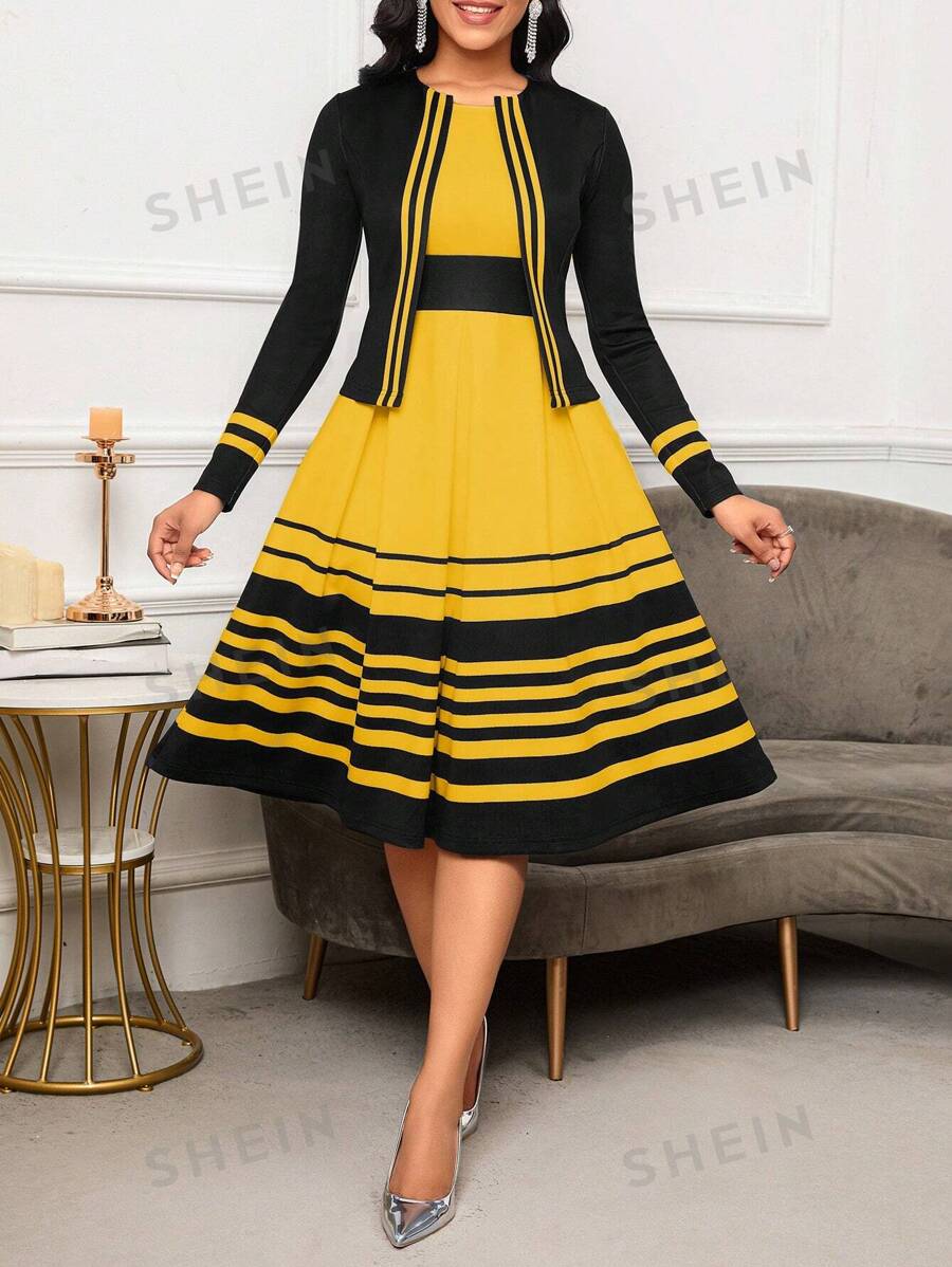 SHEIN Lady Women's Color Clash Sleeveless Waist Drawstring Dress And Front Open Jacket | SHEIN USA