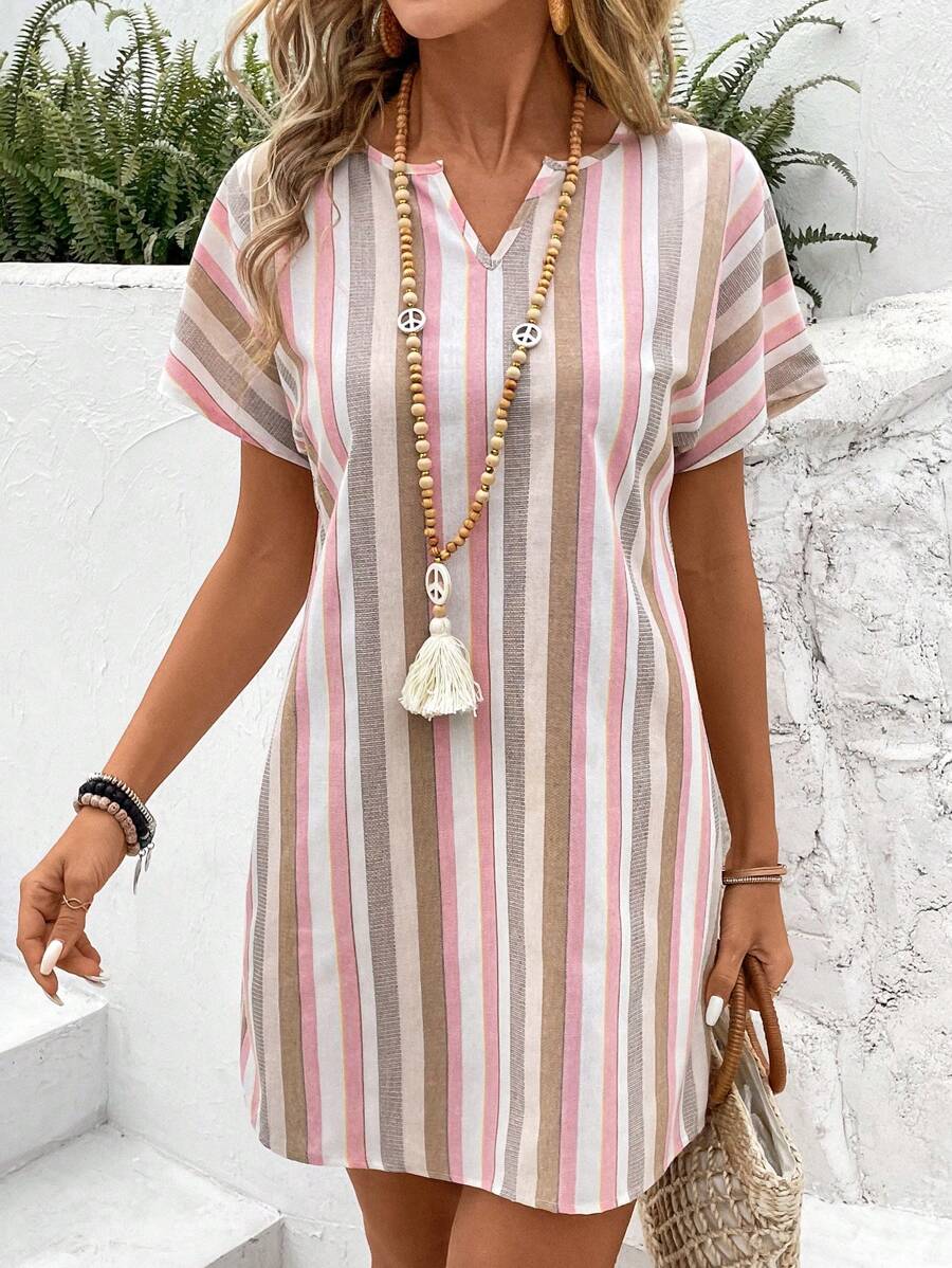 SHEIN LUNE Women's Summer Striped Notched V-Neck Batwing Short Sleeve ...