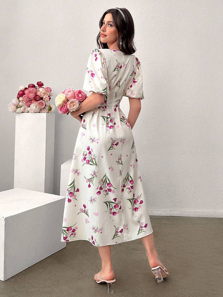 SHEIN Modely Summer Casual Floral Print Bubble Sleeve Cinching Waist ...