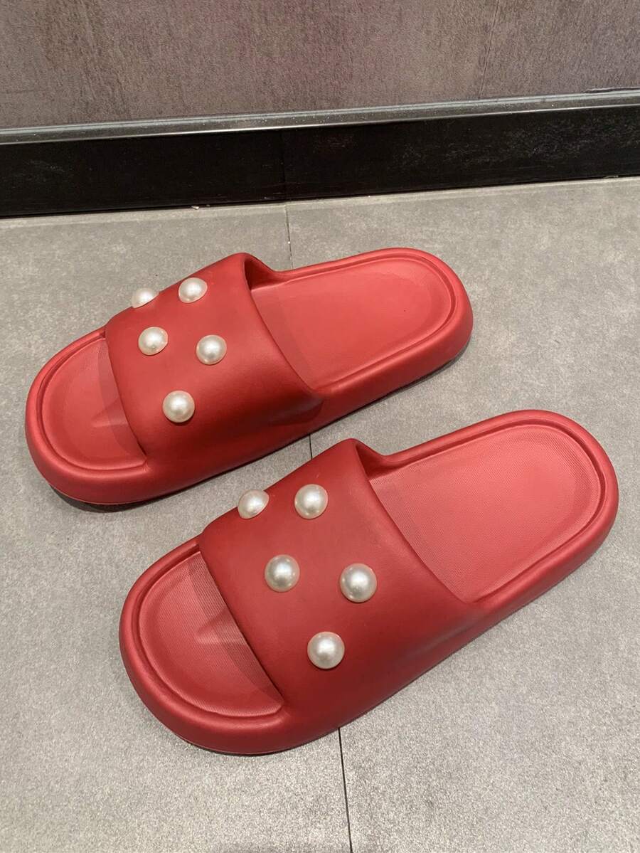 Red Faux Pearl Covered High Heel Wedge Slipper Sandals For Teenage ...