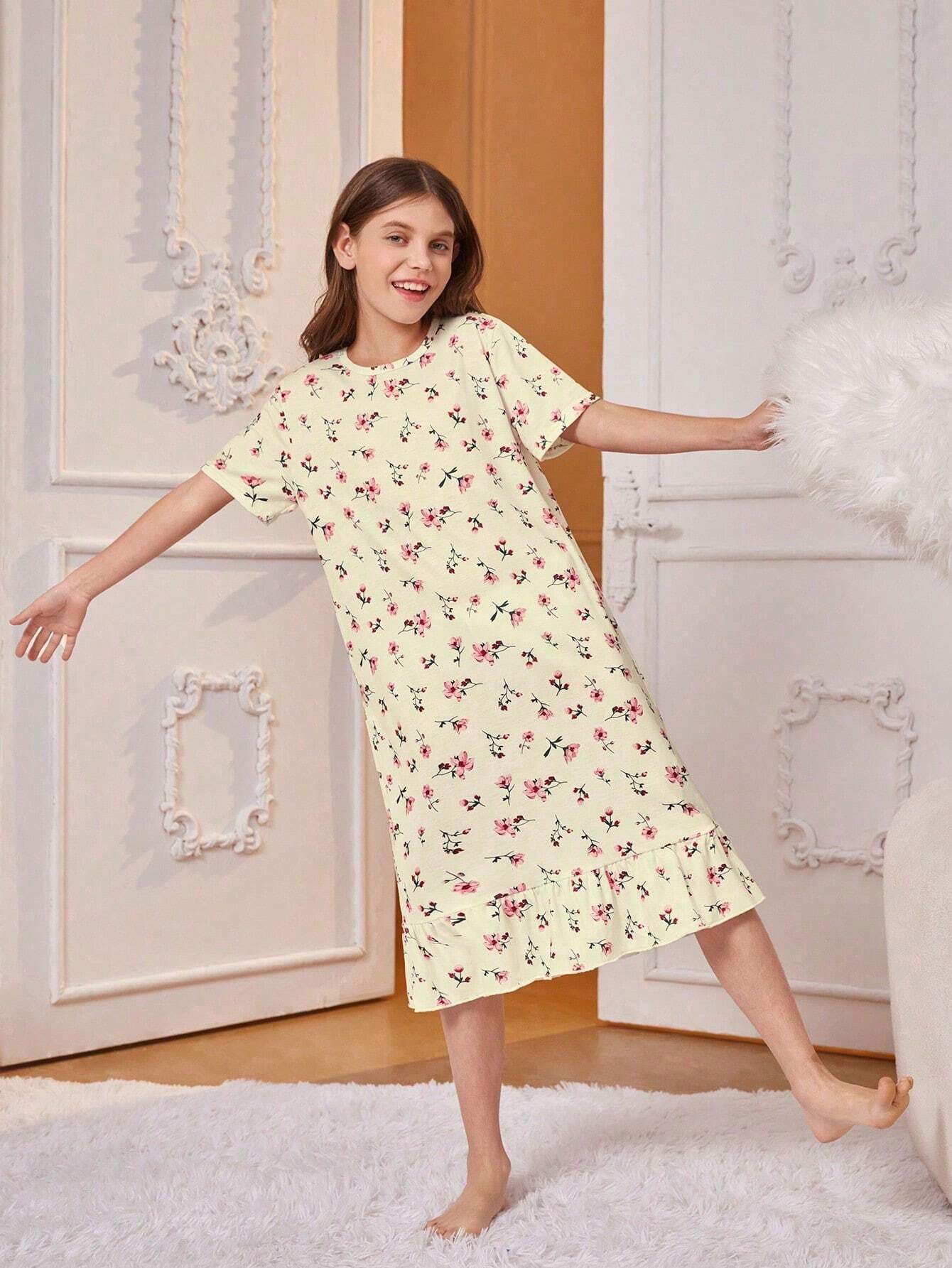 SHEIN Tween Girl Floral Printed Short Sleeve Nightgown, Casual Homewear ...