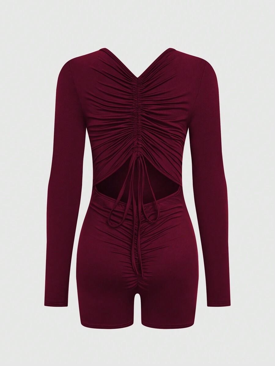 SHEIN Slayr Back Hollow Drawstring Long Sleeve Unitards For Women ...