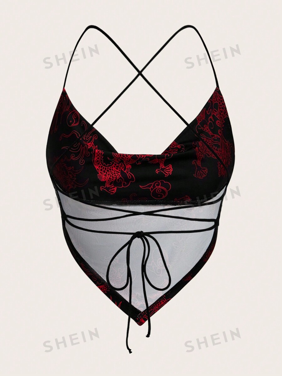 Shein Icon Chinese Dragon Graphic Lace Up Backless Crop Cami Y2k Top