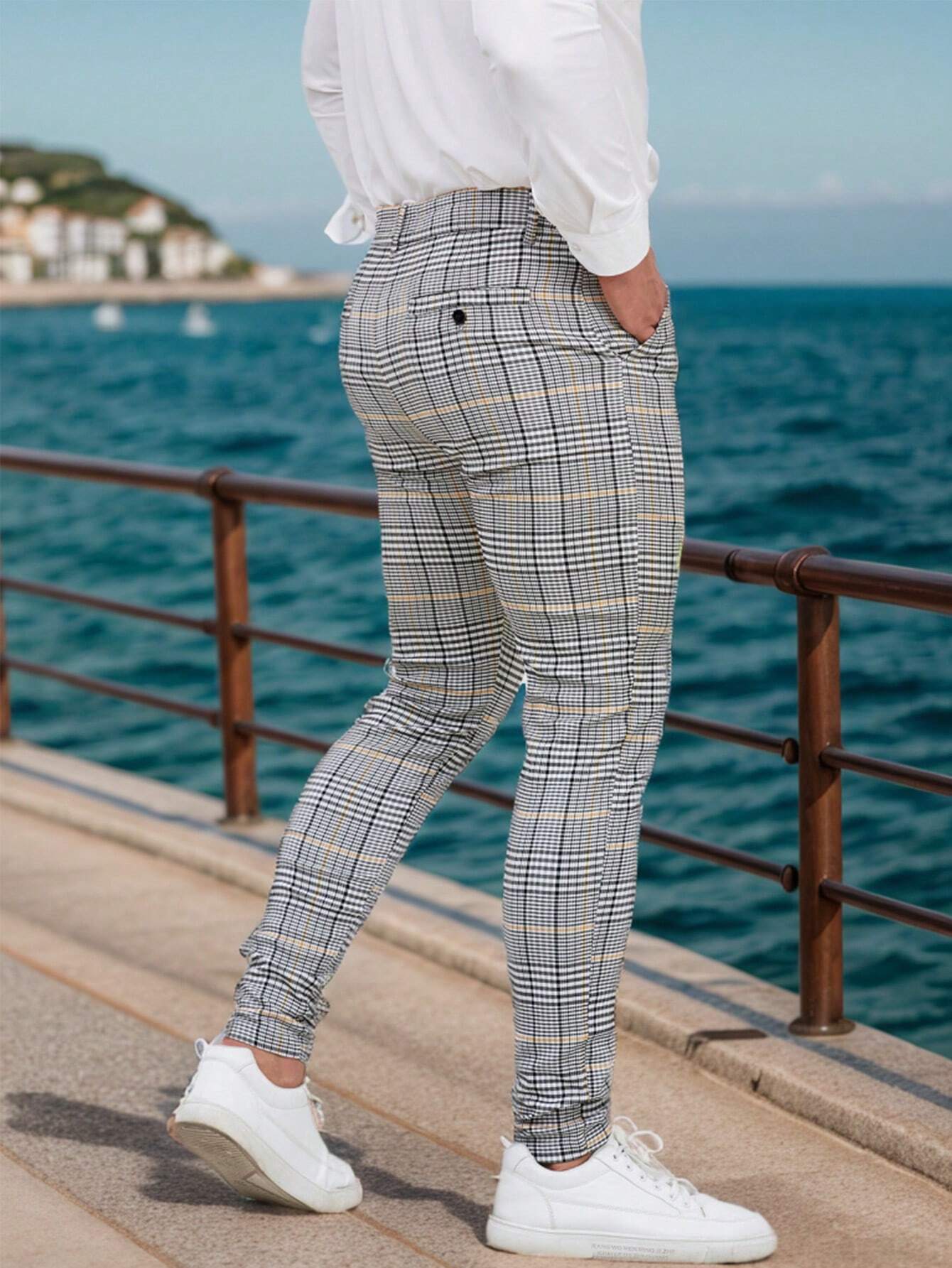 Mens Light Grey Checked Slim Fit Stretch Chinos Plaid Pants | SHEIN UK