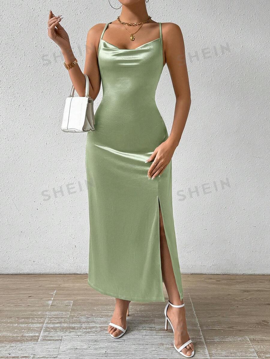 SHEIN Privé Satin Draped Neck Spaghetti Strap A-Line Backless Maxi ...