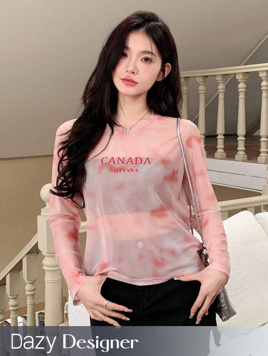 Dazy Designer Women Tie-Dye Sheer Mesh Shirt With Letter Print And See ...
