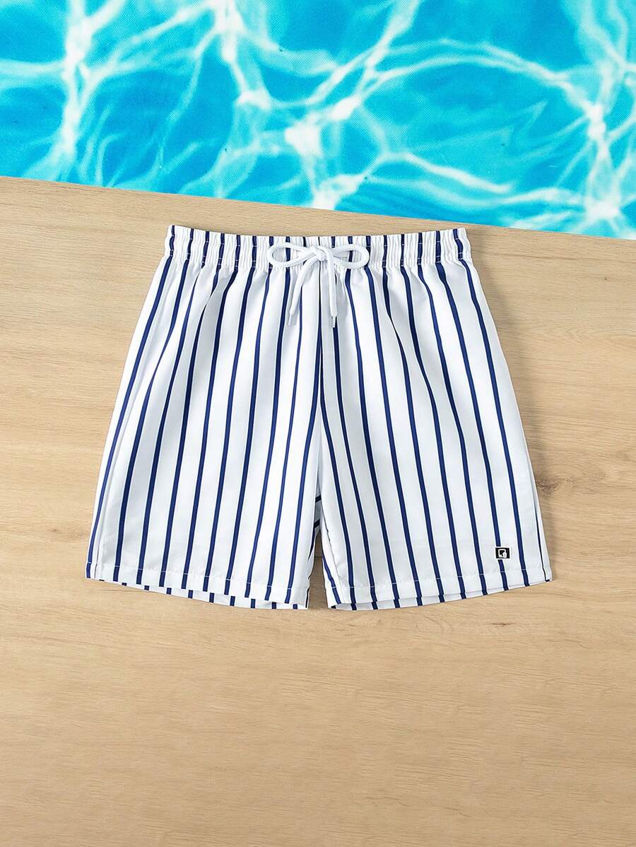 Tween Boy Striped Print Drawstring Waist Swim Trunks For Summer ...