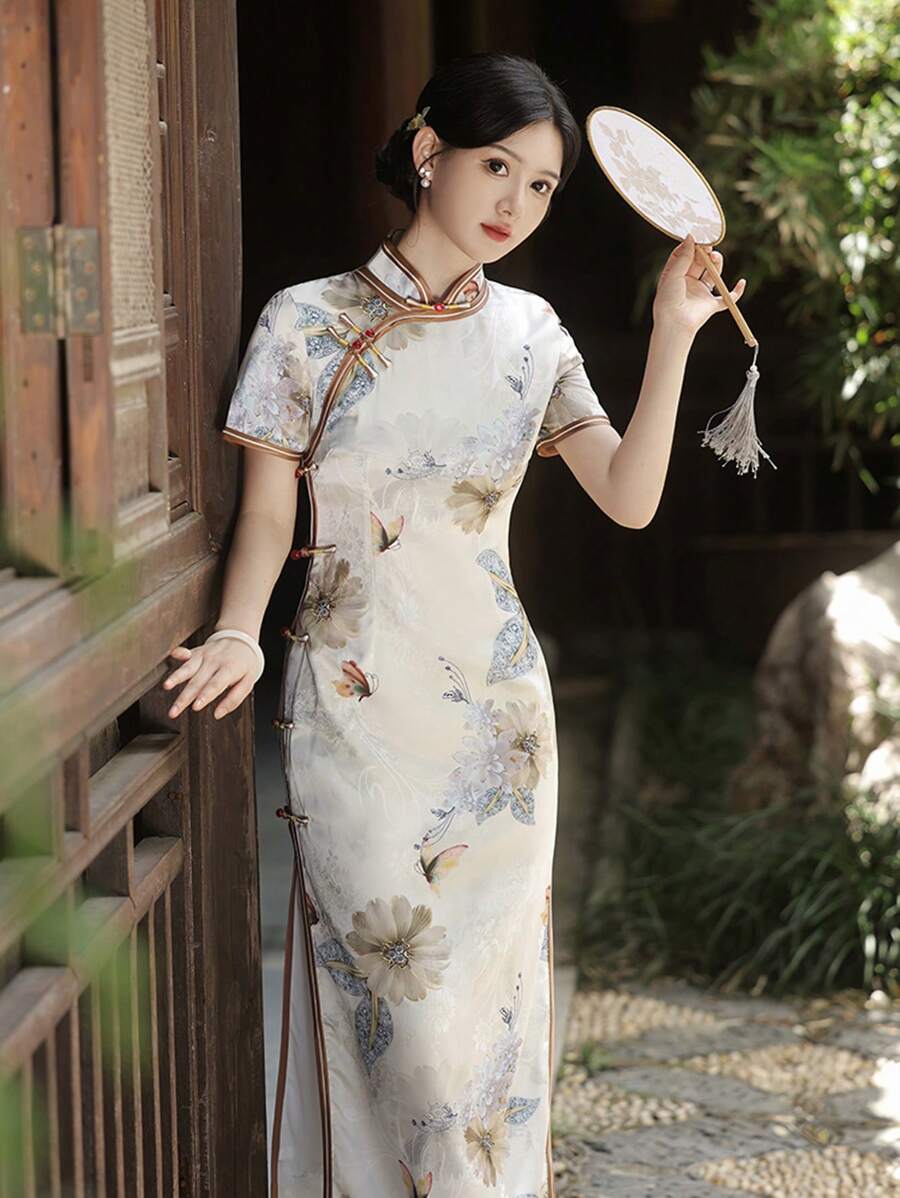 Summer Elegant Floral Print Cheongsam Dress With High Collar And Slit ...