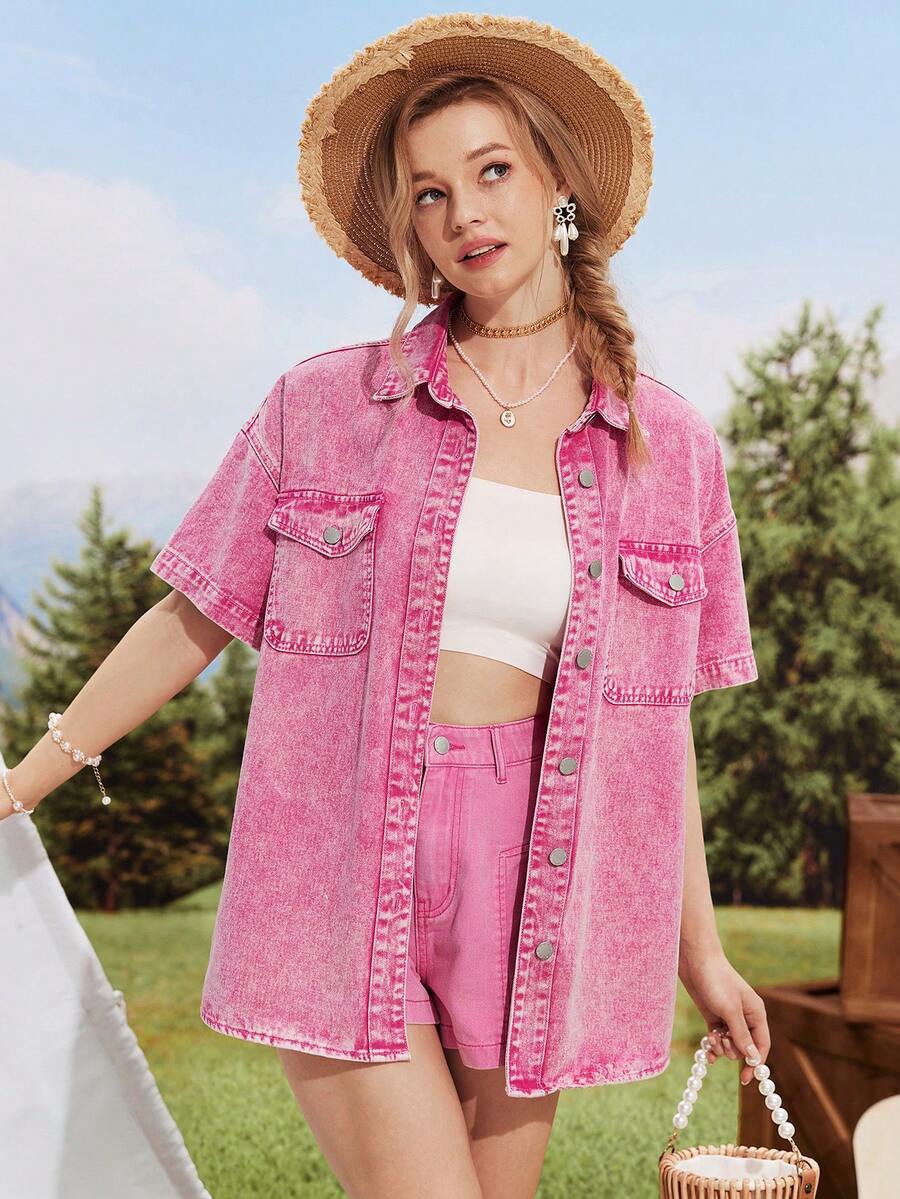 SHEIN MOD Women's Vintage Sweet Style Short Sleeve Casual Denim Shirt ...