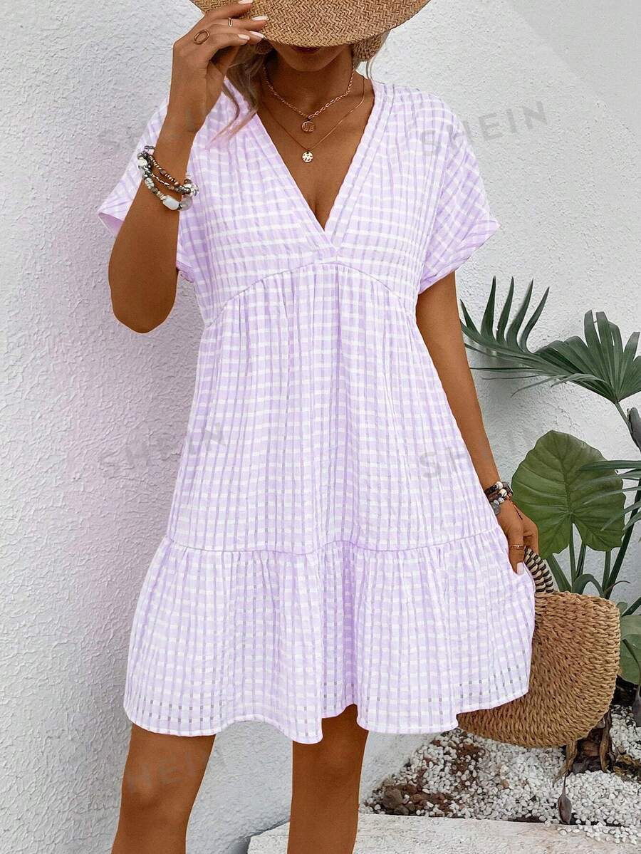SHEIN LUNE V-Neck Two Tone Grid Pattern Short Sleeve Dress With Ruffled ...