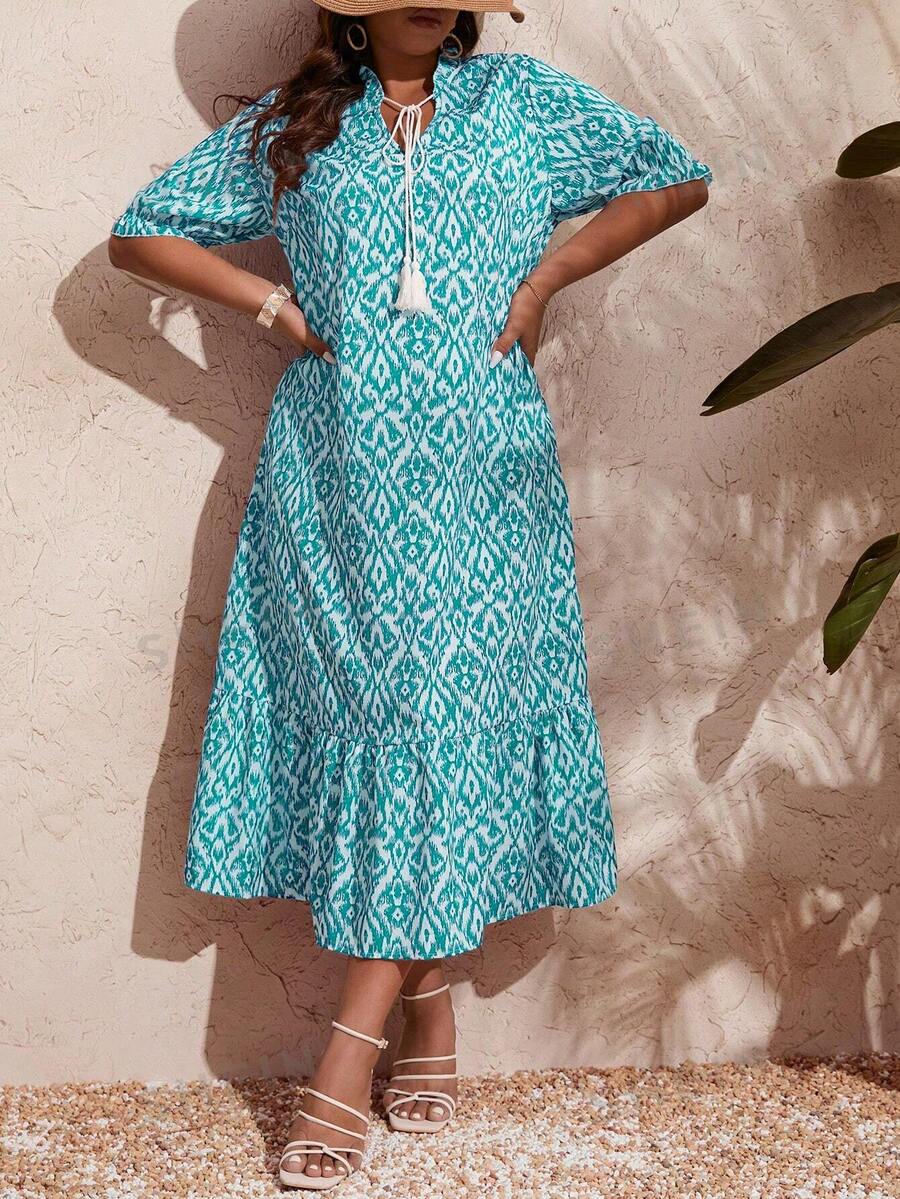 Shein Vcay Plus Size Womens Summer Holiday Style Floral Print Fringed
