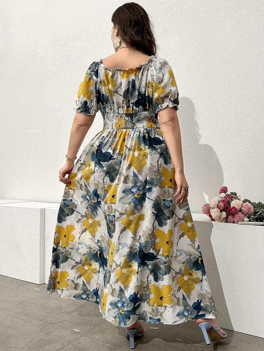 SHEIN Modely Plus Size Women's Boho Floral Printed Short Puff Sleeve ...