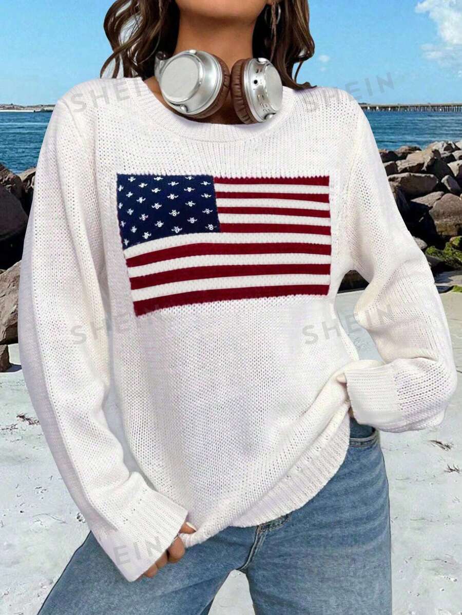 SHEIN Essnce Usa Flag Design Drop Shoulder Sweater | SHEIN USA