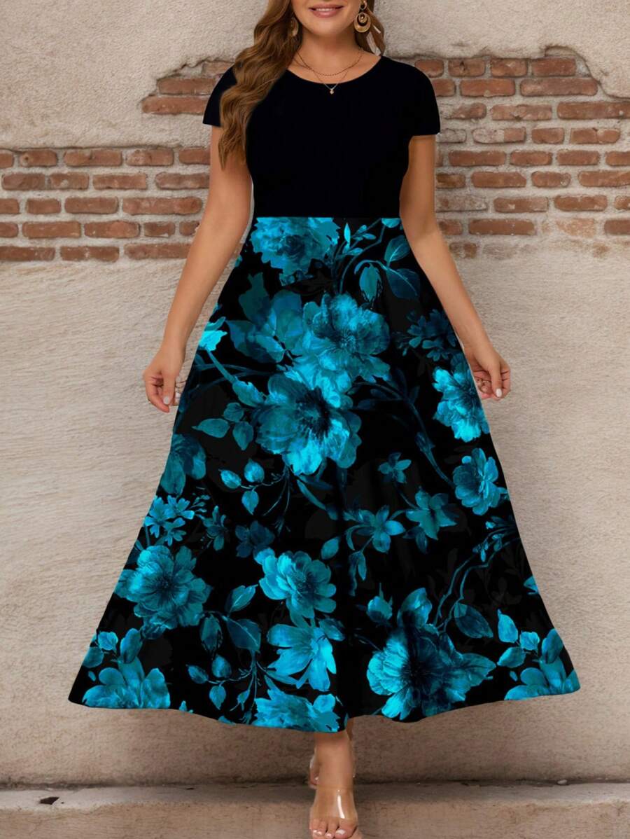 SHEIN Clasi Plus Size Summer Patchwork Floral Print Dress,Beach Dress ...