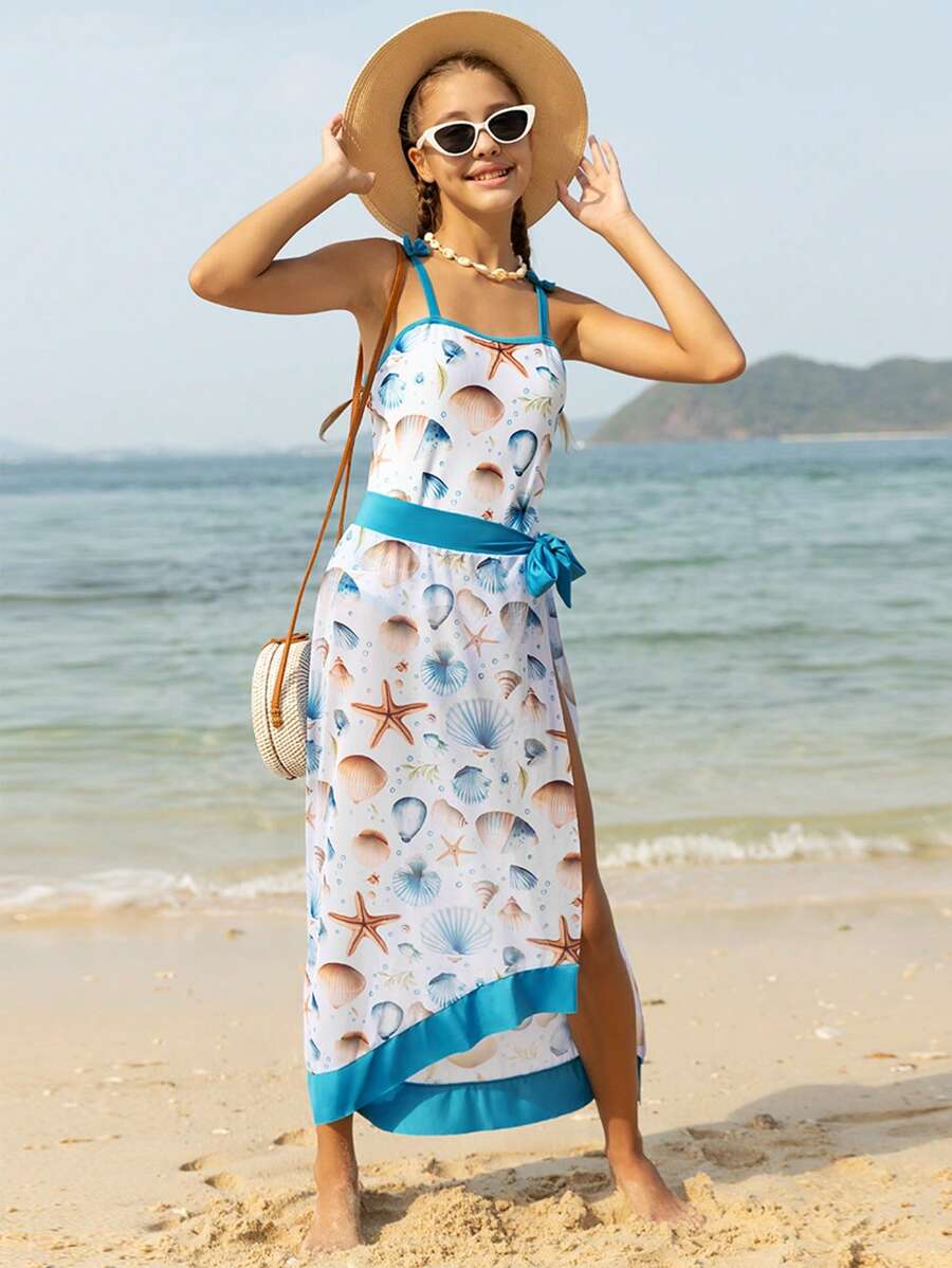 Teen Girls' One-Piece Shell Printed Swimsuit With Skirt Cover-Up Beach ...