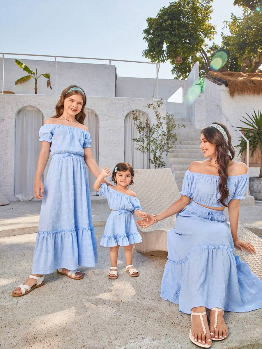 SHEIN Baby Girl Simple Solid Color Off-Shoulder Short Sleeve Top And ...