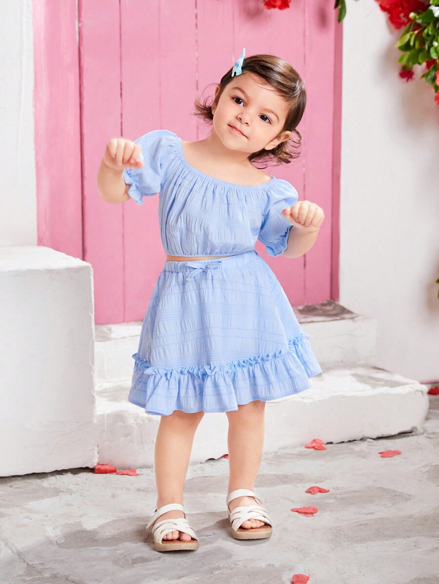 SHEIN Baby Girl Simple Solid Color Off-Shoulder Short Sleeve Top And ...