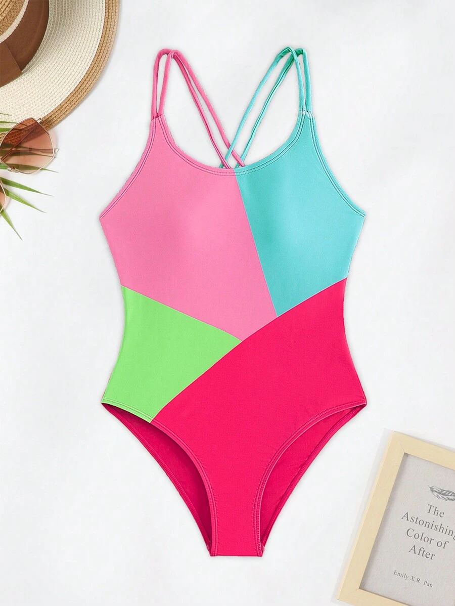SHEIN Sensorimotor Kids Teen Girl Color-Block One-Piece Swimsuit With ...