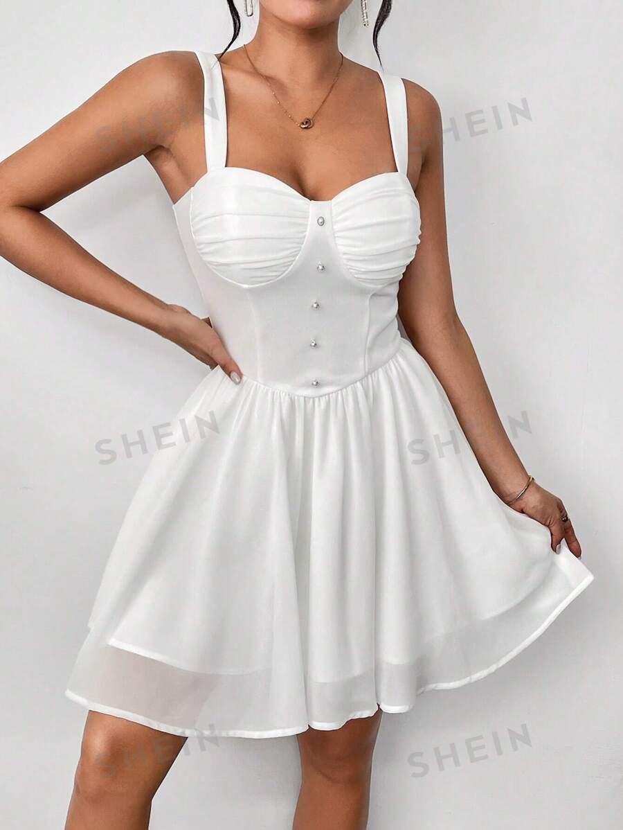 SHEIN Privé Women's Elegant Love Button Embellished Chest Pleated ...