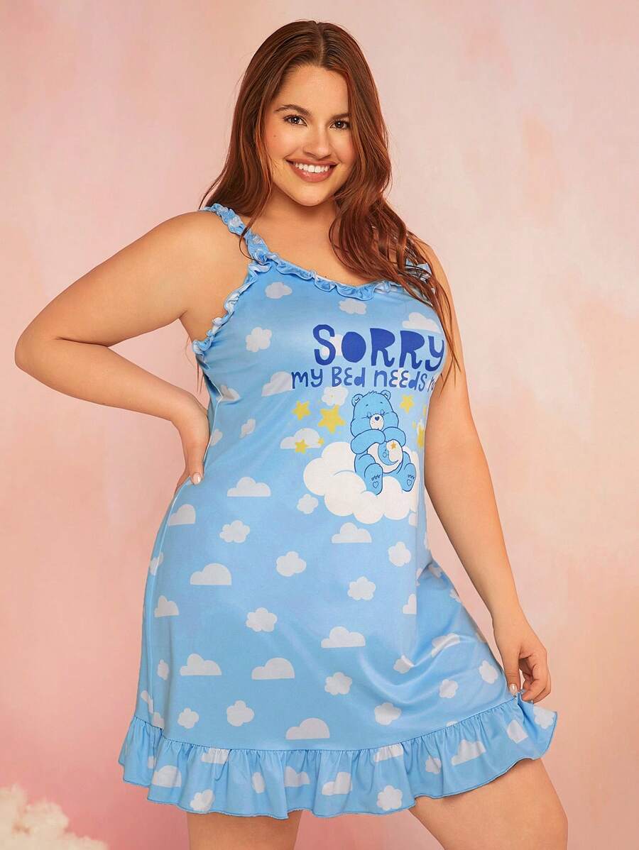 SHEIN X Care Bears Plus Size Cute Cloud Print Ruffled Strap Summer Nightgown In Light Blue ...