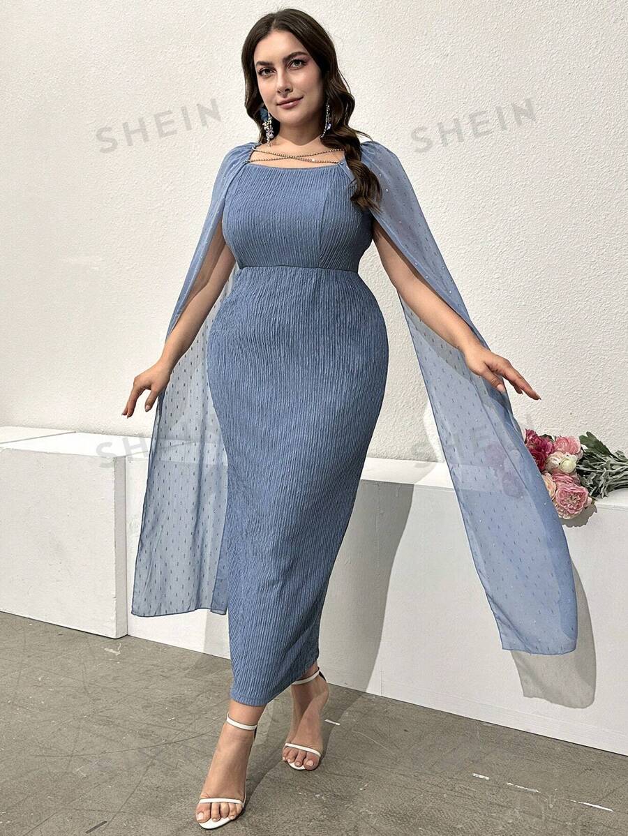 SHEIN Modely Plus Size Elegant Mesh Cape Sleeves Patchwork Bodycon Dress With Net Yarn Detailing ...