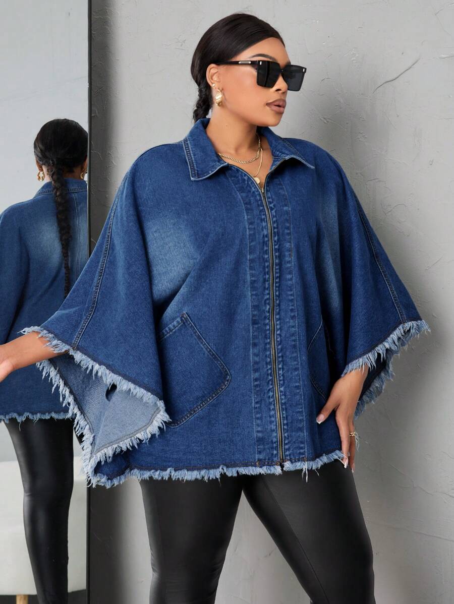 SHEIN SXY Plus Size Women's Loose Denim Jacket With Batwing Sleeve And ...